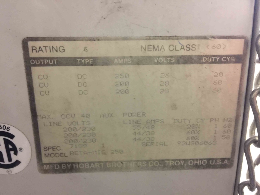 HOBART BETA-MIG 250 WELDER CV Power Source Wirefeeder - For Sale ...